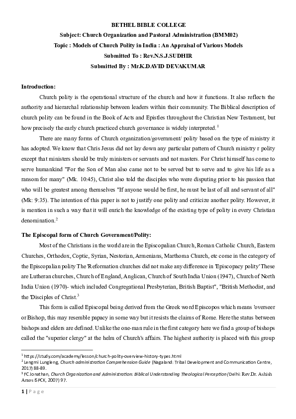 (PDF) Models of Church Polity in India : An Appraisal of Various Models
