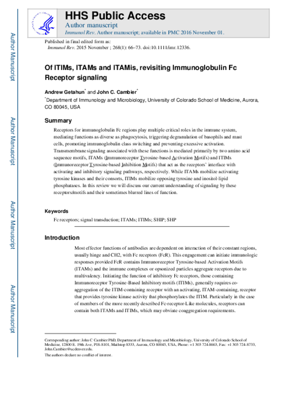 (PDF) Of ITIMs, ITAMs, and ITAMis: revisiting immunoglobulin Fc ...