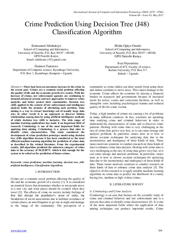 Pdf Crime Prediction Using Decision Tree J48 Classification Algorithm