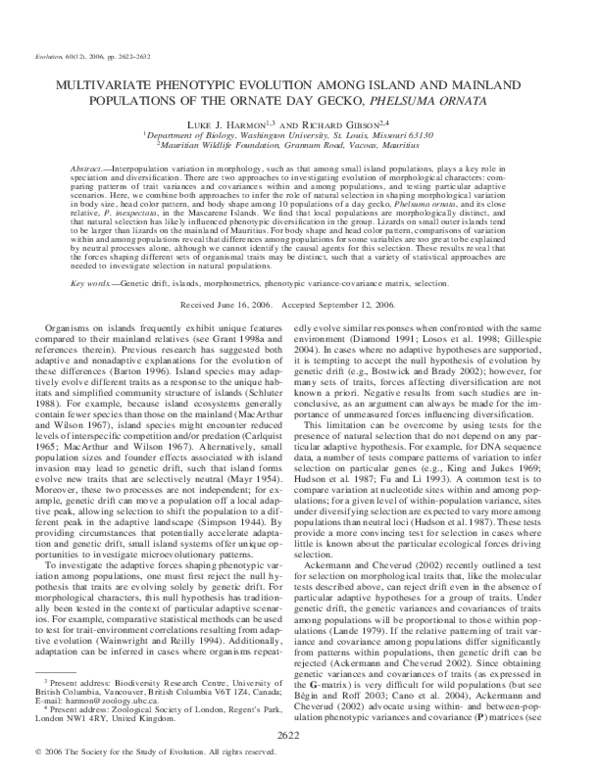 (PDF) Multivariate Phenotypic Evolution Among Island and Mainland ...