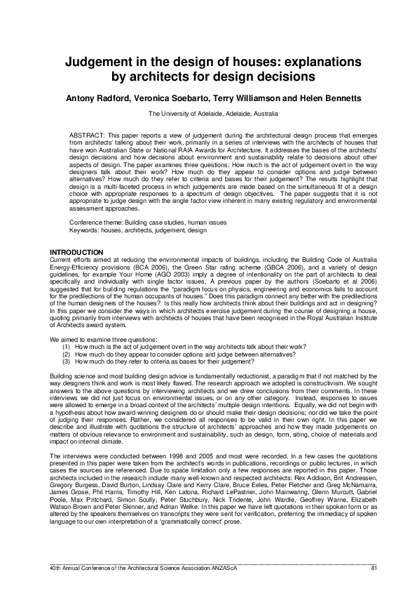 (PDF) Judgement in the design of houses: explanations by architects for ...
