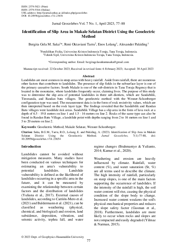 (PDF) Identification of Slip Area in Makale Selatan District Using the ...