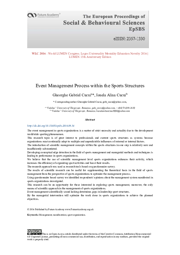 Event Management Process within the Sports Structures