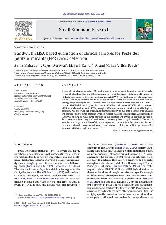 (PDF) Sandwich ELISA based evaluation of clinical samples for Peste des ...