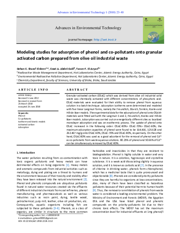 (PDF) Modeling studies for adsorption of phenol and co-pollutants onto ...