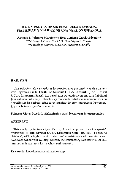 (PDF) RULS: Escala de soledad UCLA revisada. Fiabilidad y validez de una versión española