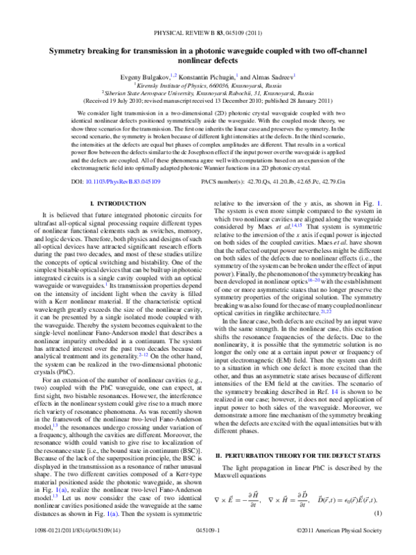 (PDF) Symmetry breaking for transmission in a photonic waveguide coupled with two off-channel ...