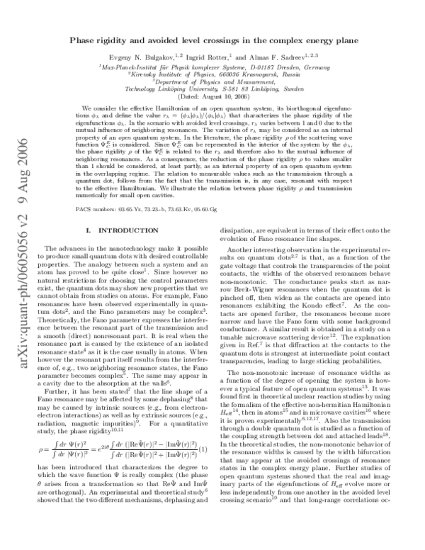 (PDF) Phase rigidity and avoided level crossings in the complex energy ...
