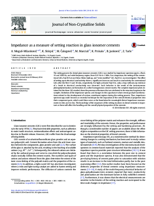 (PDF) Impedance as a measure of setting reaction in glass ionomer cements