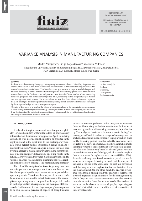 (PDF) Variance Analysis in Manufacturing Companies