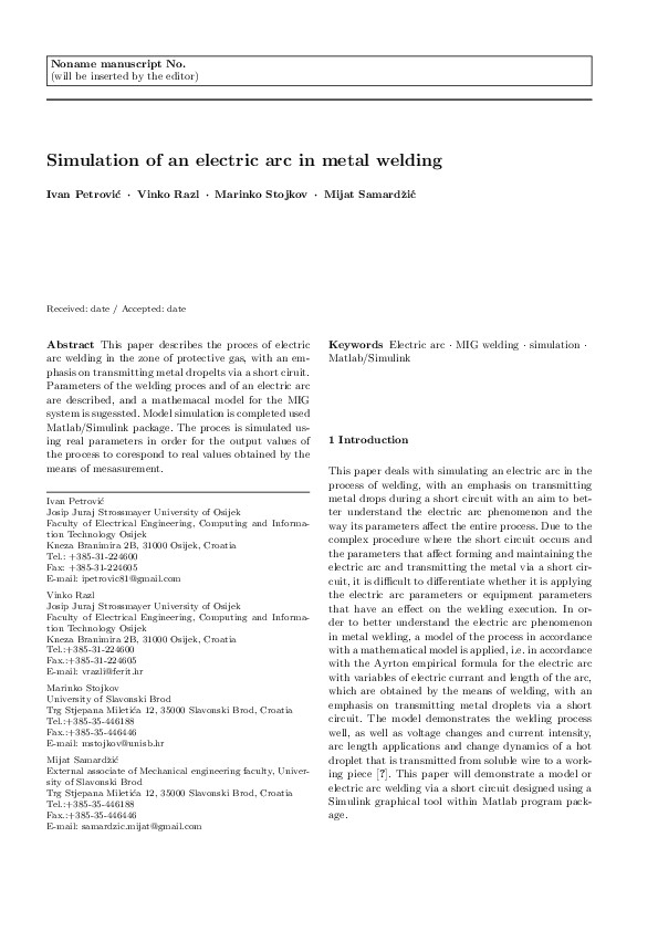 (PDF) Simulation of an Electric Arc in Metal Welding