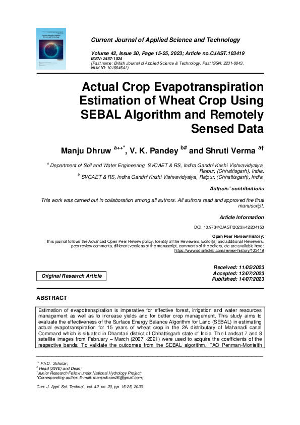 (PDF) Actual Crop Evapotranspiration Estimation of Wheat Crop Using SEBAL Algorithm and Remotely ...