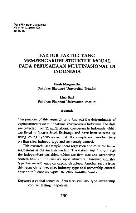 (PDF) Faktor-Faktor Yang Mempengaruhi Struktur Modal Pada Perusahaan Multinasional DI Indonesia