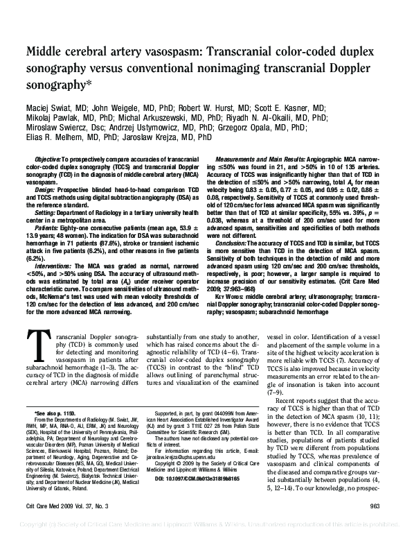 (PDF) Middle cerebral artery vasospasm: Transcranial color-coded duplex ...