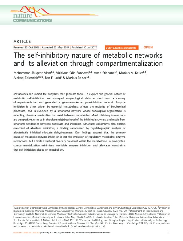 (PDF) The self-inhibitory nature of metabolic networks and its ...
