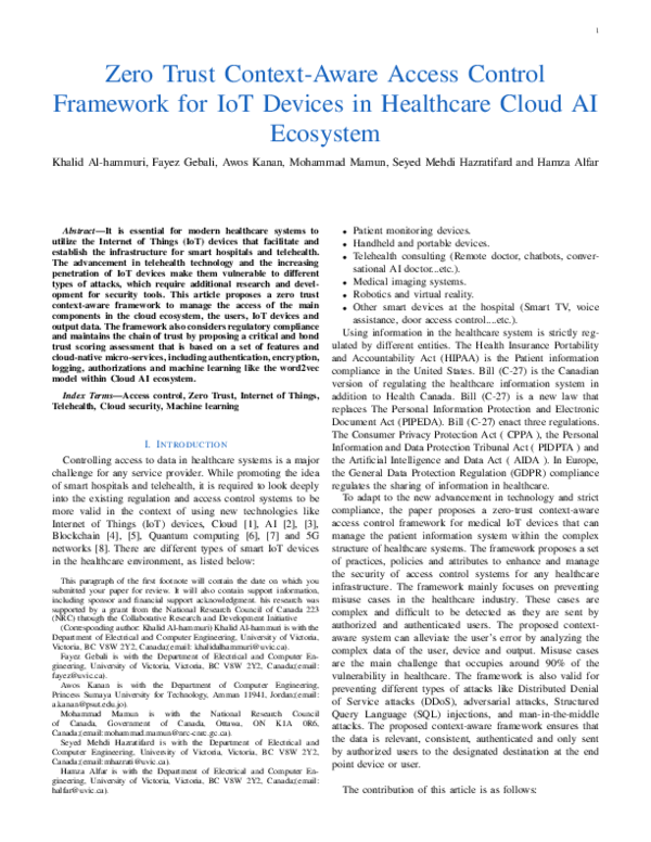 (PDF) Zero Trust Context-Aware Access Control Framework for IoT Devices in Healthcare Cloud AI ...