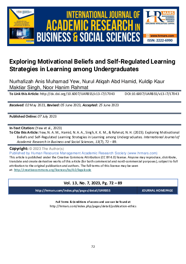 (PDF) Exploring Motivational Beliefs and Self-Regulated Learning Strategies in Learning among ...