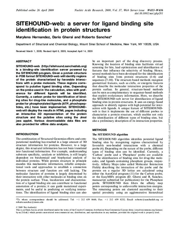 (PDF) SITEHOUND-web: a server for ligand binding site identification in protein structures