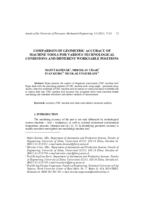 (PDF) Comparison of Geometric Accuracy of Machine Tools for Various ...