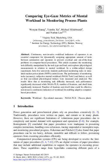 Pdf Comparing Eye Gaze Metrics Of Mental Workload In Monitoring Process Plants Nathan Lau