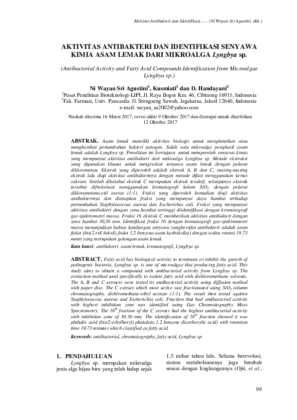 (PDF) Aktivitas Antibakteri dan Identifikasi Senyawa Kimia Asam Lemak dari Mikroalga Lyngbya SP ...