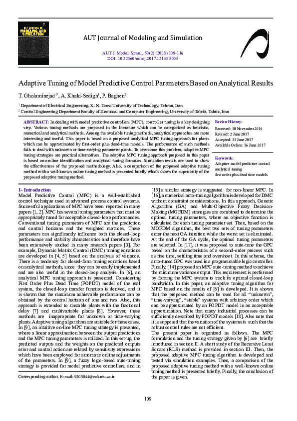 (PDF) Adaptive tuning of model predictive control based on analytical results