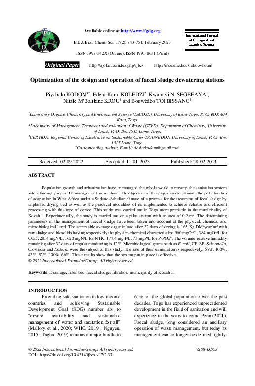 (PDF) Optimization of the design and operation of faecal sludge dewatering stations