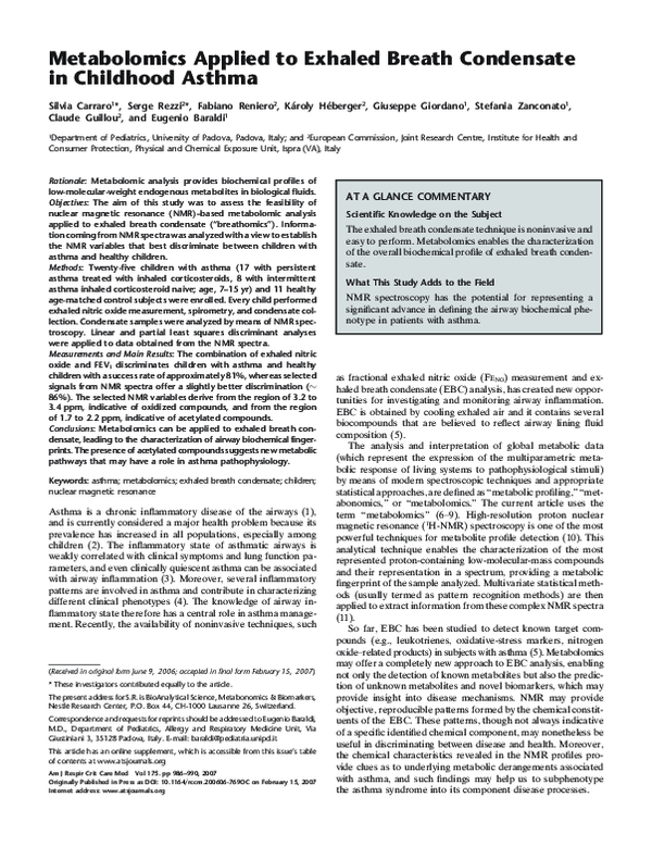 (PDF) Metabolomics Applied to Exhaled Breath Condensate in Childhood Asthma