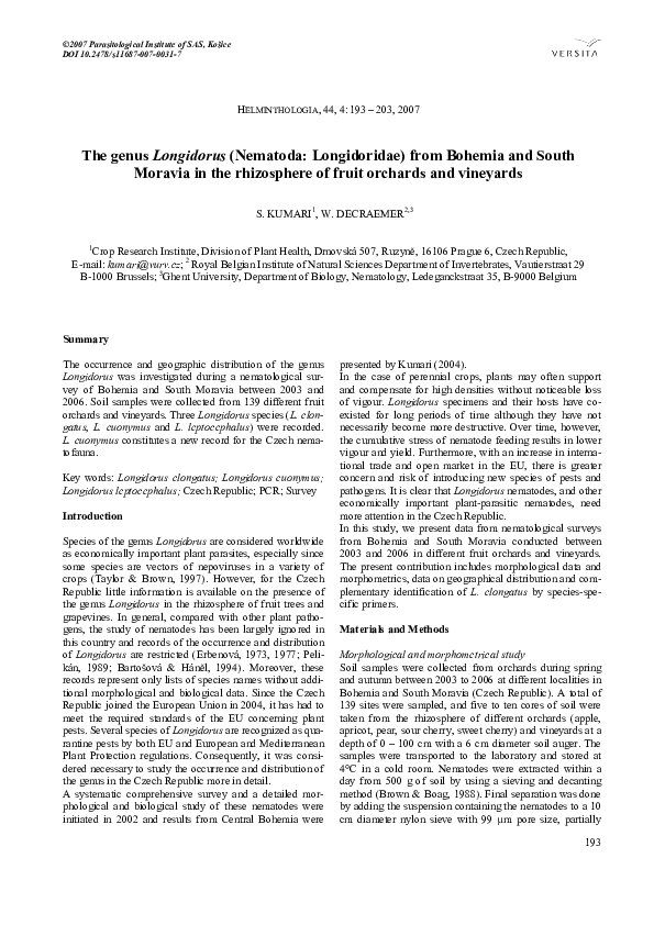 (PDF) The genus Longidorus (Nematoda: Longidoridae) from Bohemia and ...