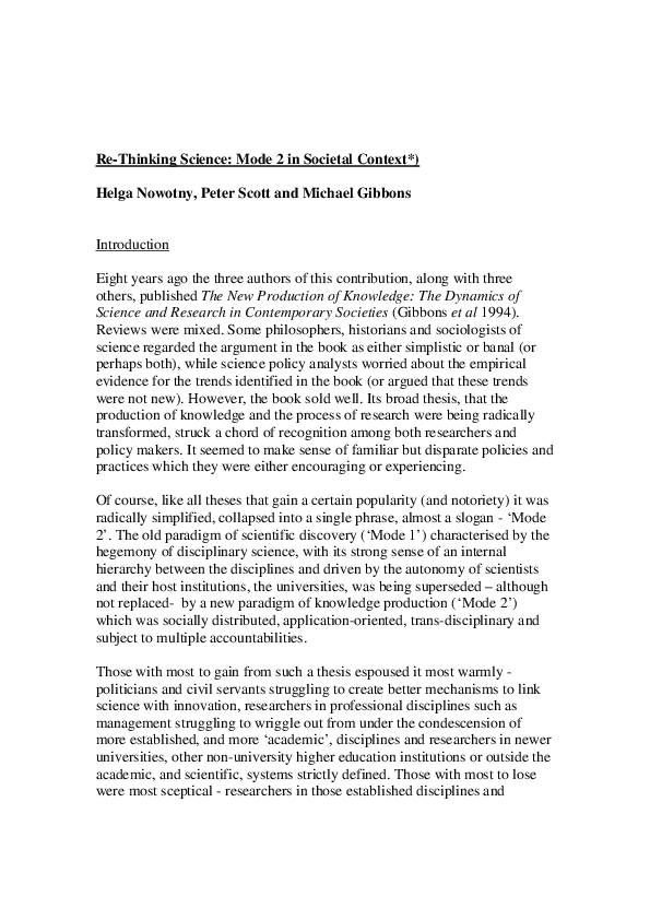 (PDF) Re-Thinking Science: Mode 2 in Societal Context*)