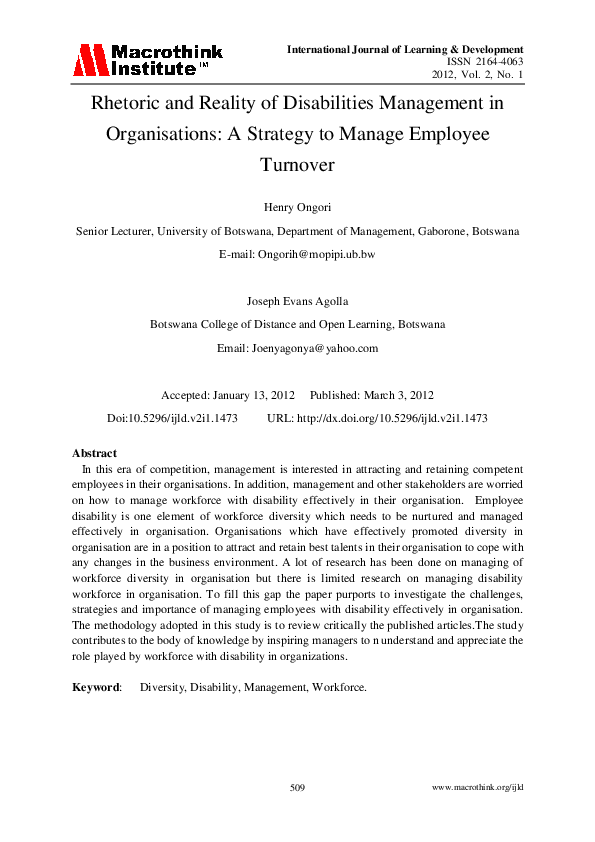 (PDF) Rhetoric and Reality of Disabilities Management in Organisations: A Strategy to Manage ...