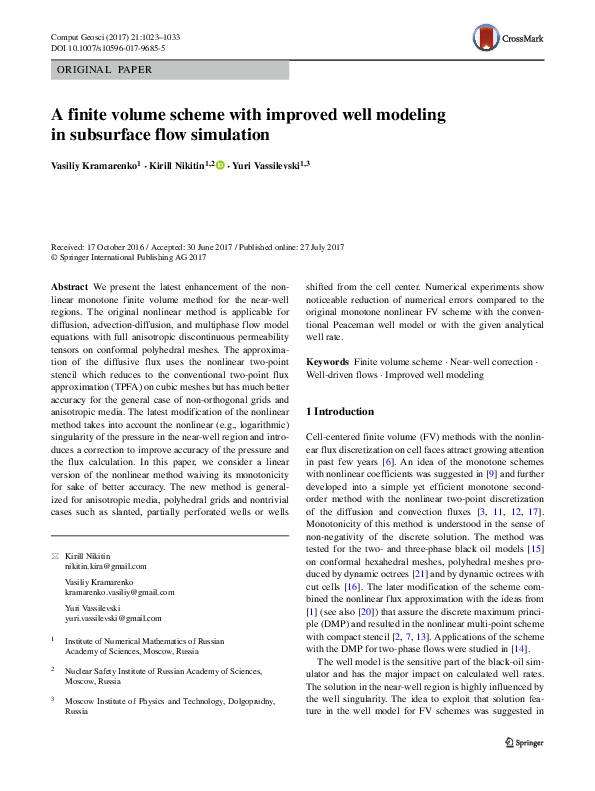 Pdf A Finite Volume Scheme With Improved Well Modeling In Subsurface
