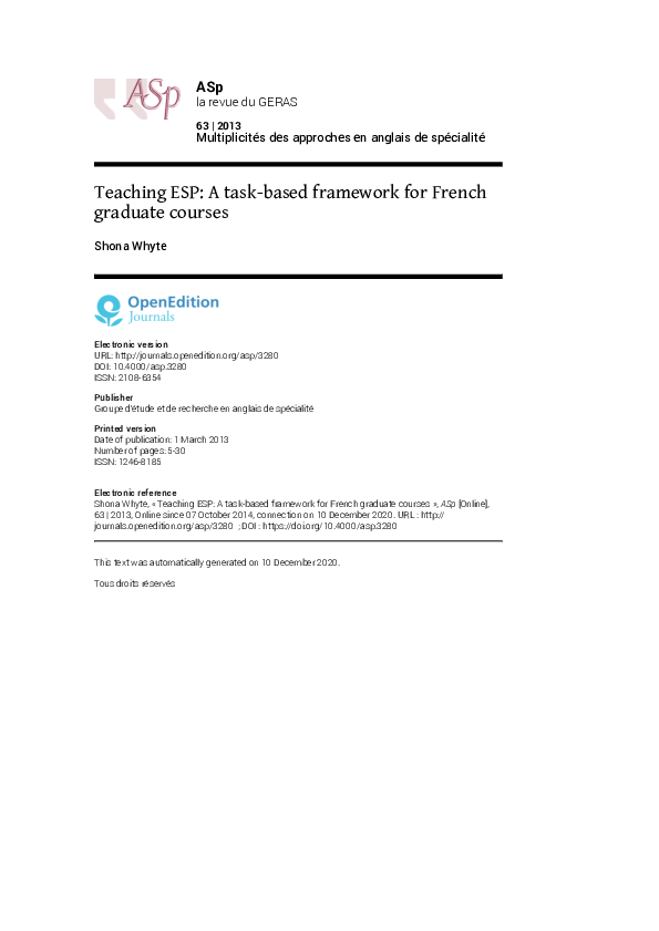 (PDF) Teaching ESP: A task-based framework for French graduate courses