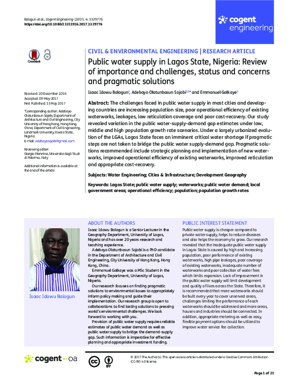 (PDF) Public water supply in Lagos State, Nigeria: Review of importance ...