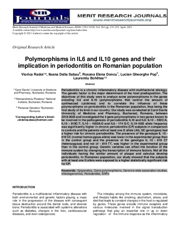 (PDF) Polymorphisms in IL6 and IL10 genes and their implication in ...