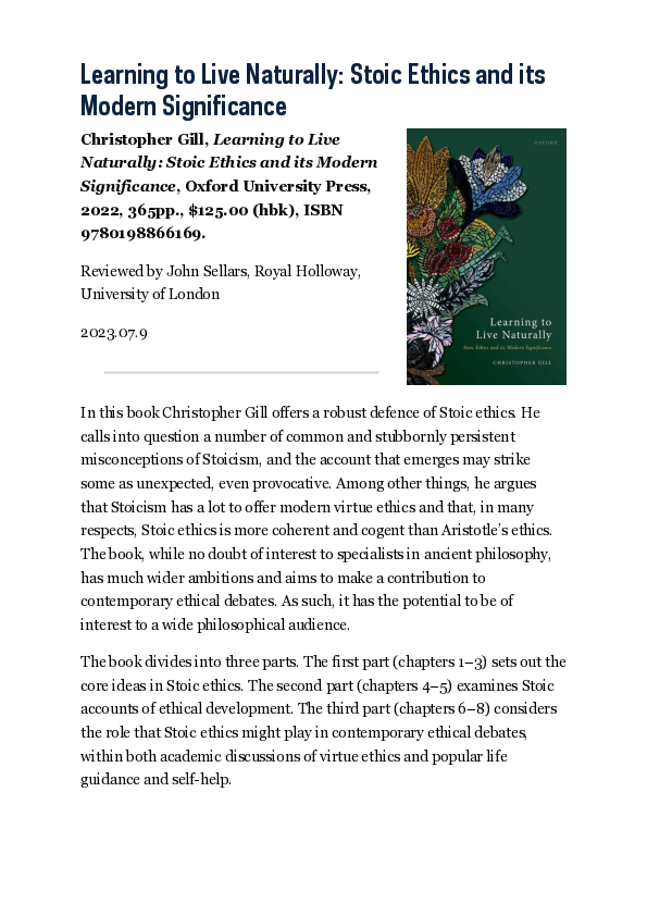 (PDF) Learning to Live Naturally: Stoic Ethics and its Modern Significance