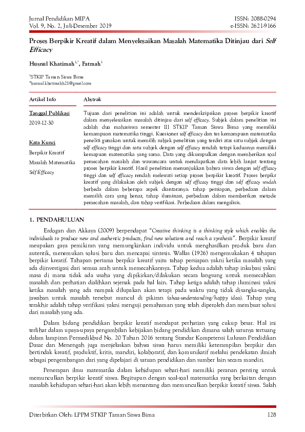 (PDF) Proses Berpikir Kreatif dalam Menyelesaikan Masalah Matematika Ditinjau dari Self Efficacy