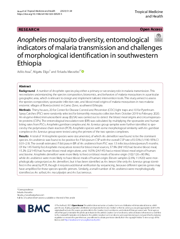 (PDF) Anopheles mosquito diversity, entomological indicators of malaria ...