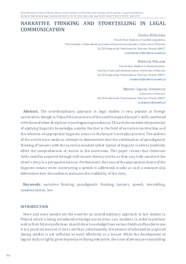 (PDF) Narrative Thinking and Storytelling in Legal Communication | Wiktoria Własiuk and Emilia ...