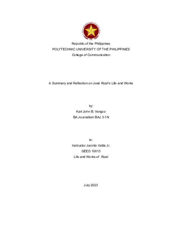 (PDF) A Summary and Reflection on José Rizal's Life and Works by