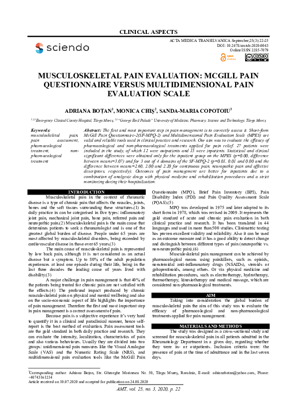 (PDF) Musculoskeletal Pain Evaluation: McGill Pain Questionnaire Versus ...