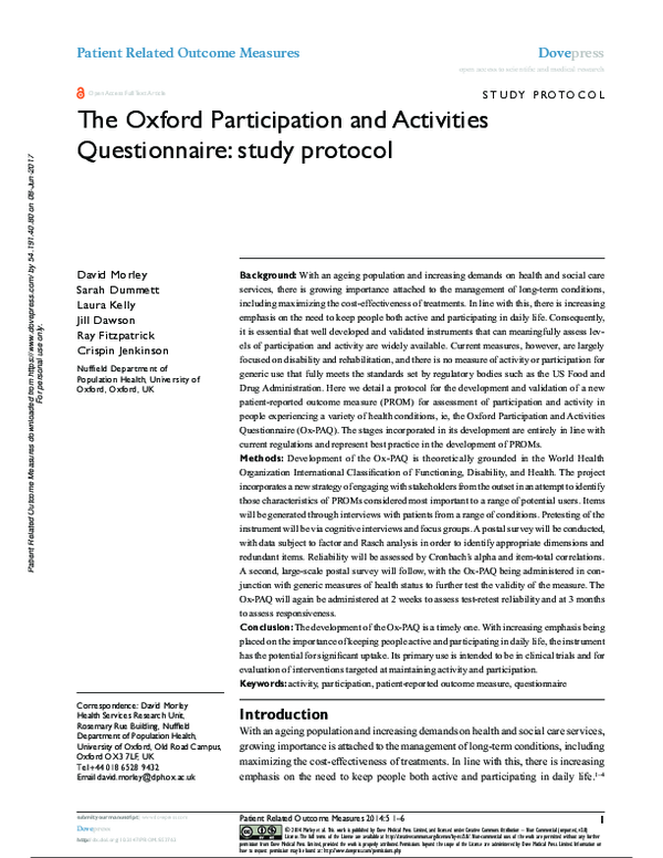(PDF) The Oxford Participation and Activities Questionnaire: study protocol
