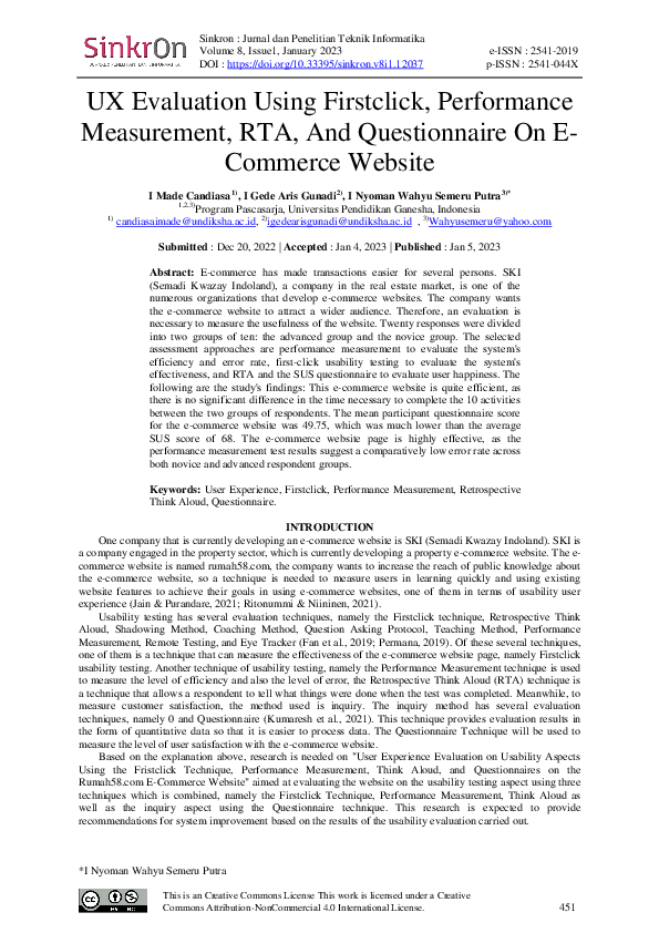 (PDF) UX Evaluation Using Firstclick, Performance Measurement, RTA, And Questionnaire On E ...