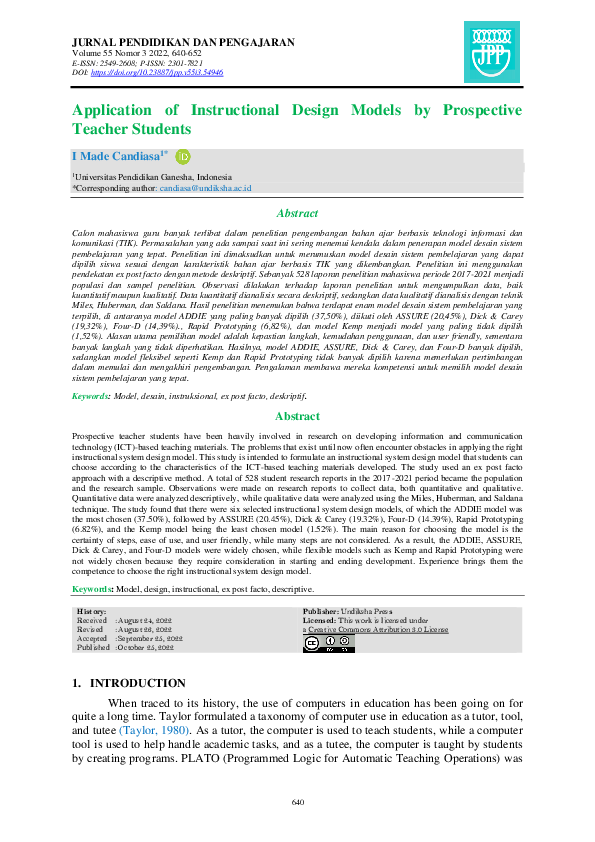 (PDF) Application of Instructional Design Models by Prospective Teacher ...