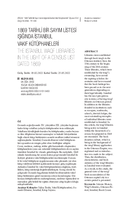 (PDF) 1869 Tari̇hli̇ Bi̇r Sayim Li̇stesi̇ Işiğinda İstanbul Vakif ...