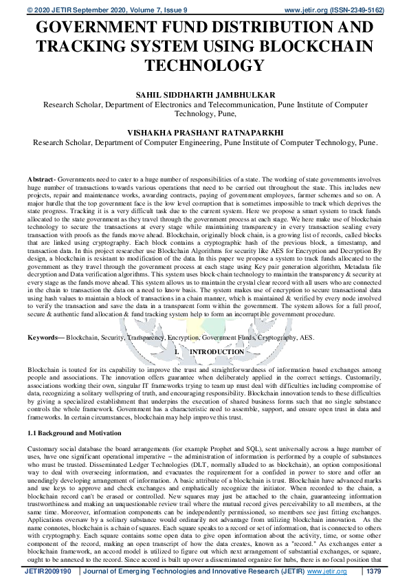 (PDF) Government Fund Distribution and Tracking System Using Blockchain Technology