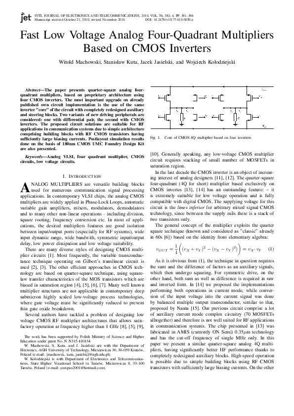 (PDF) Fast Low Voltage Analog Four-Quadrant Multipliers Based on CMOS Inverters