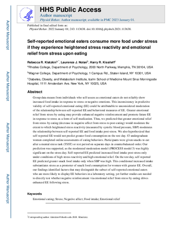 (PDF) Self-reported emotional eaters consume more food under stress if ...
