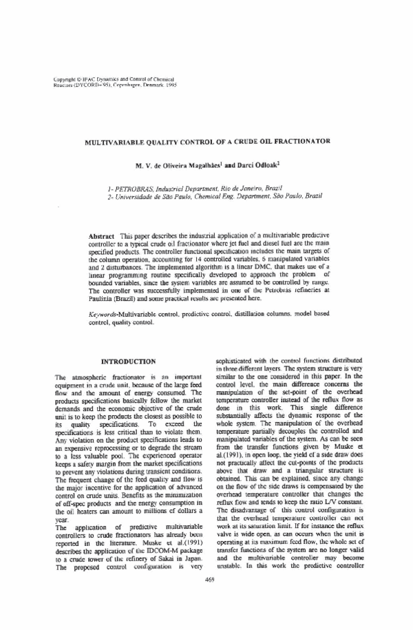 (PDF) Multivariable Quality Control of a Crude Oil Fractionator
