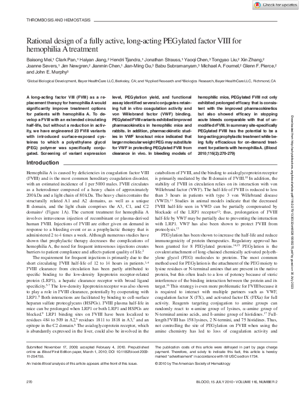 (PDF) Rational design of a fully active, long-acting PEGylated factor VIII for hemophilia A ...